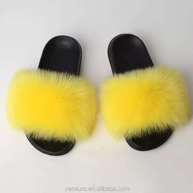 Fashion Design Women Faux Fox Fur Sandal Faux Raccoon Fur Furry Slides ...
