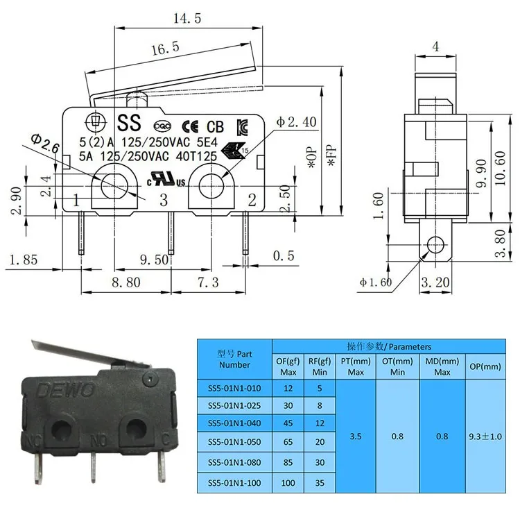 Reset Micro Switch Contactor,5e4 T125 Micro Switch 4a 250v With Lever ...