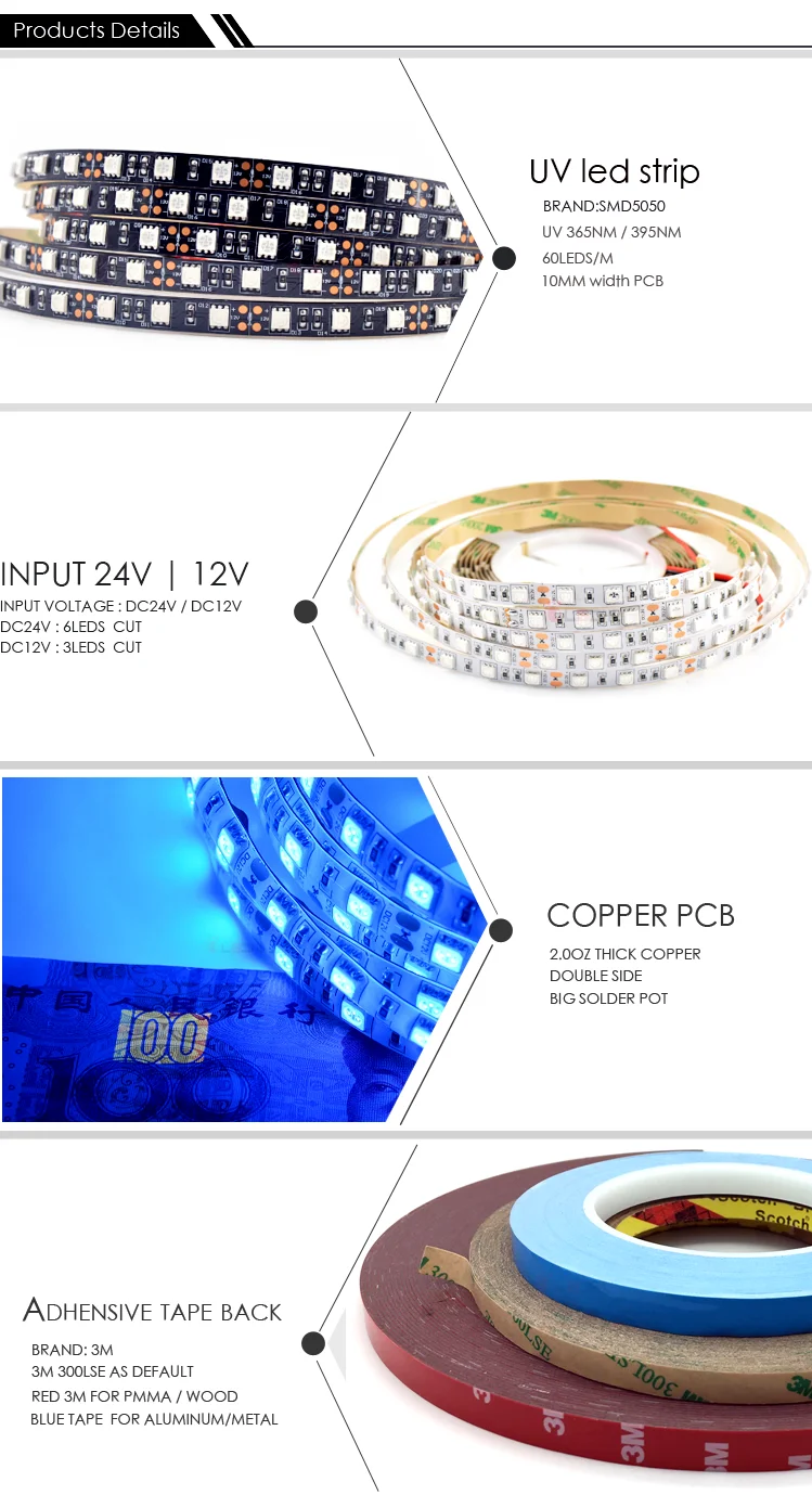 12v Uv Ultraviolet 365nm 395nm Uv Led Strip Light Smd2835 60led/m ...