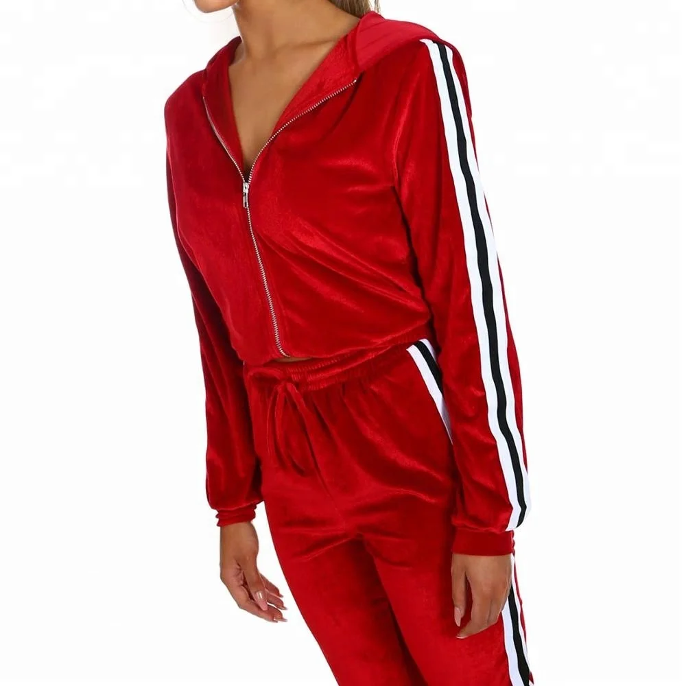 Custom Logo Red Quality Velvet Tracksuits For Women Plain Polyester ...