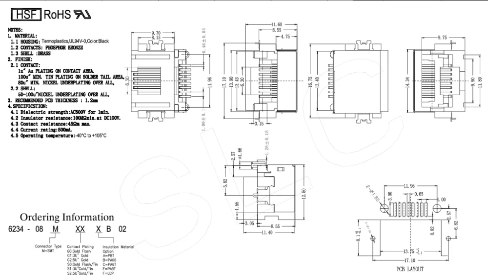 Mini Rj45 Connector 8p Smt With Post Gold Flash Rj45 Pcb Connectors ...