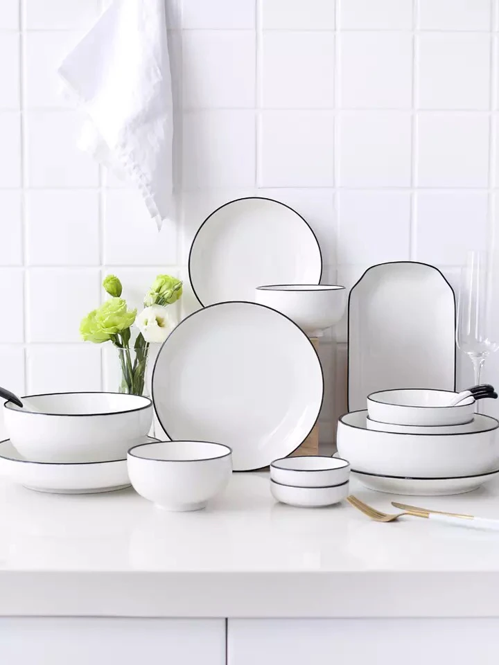 Shop Our Tableware - Simple Dining with Black Rimmed Ceramic Dinnerware