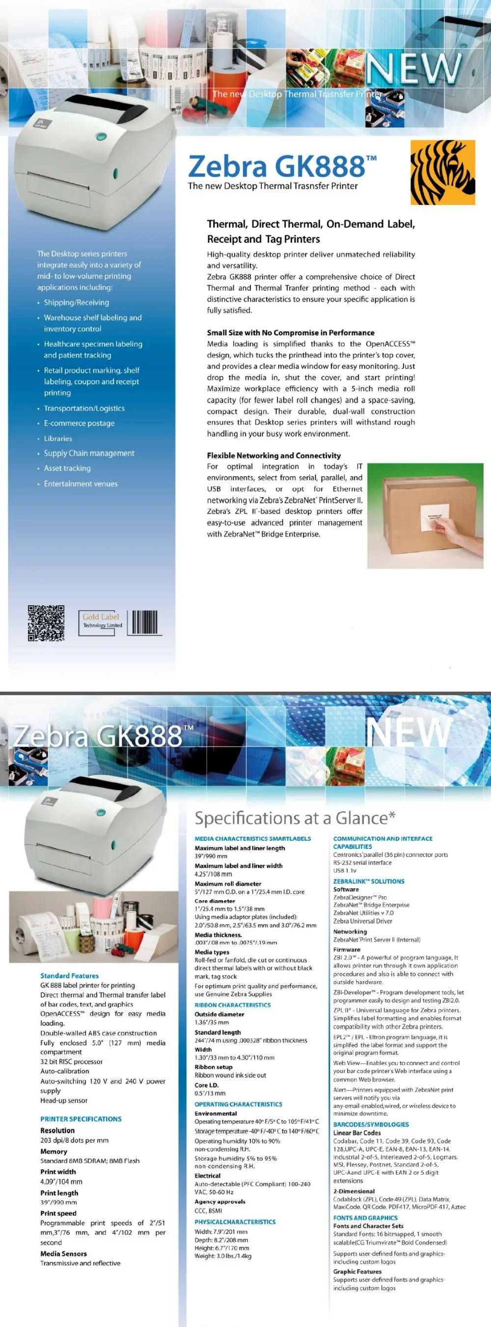 Original Brand New Zebra Gk888t Desktop Thermal Transfer/ Direct ...