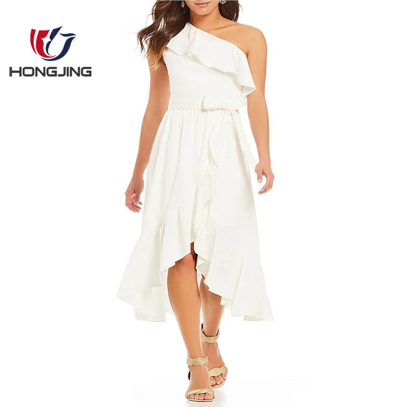 Women Wear One Shoulder Neckline With Ruffle Detail Tie Waist Wrap ...