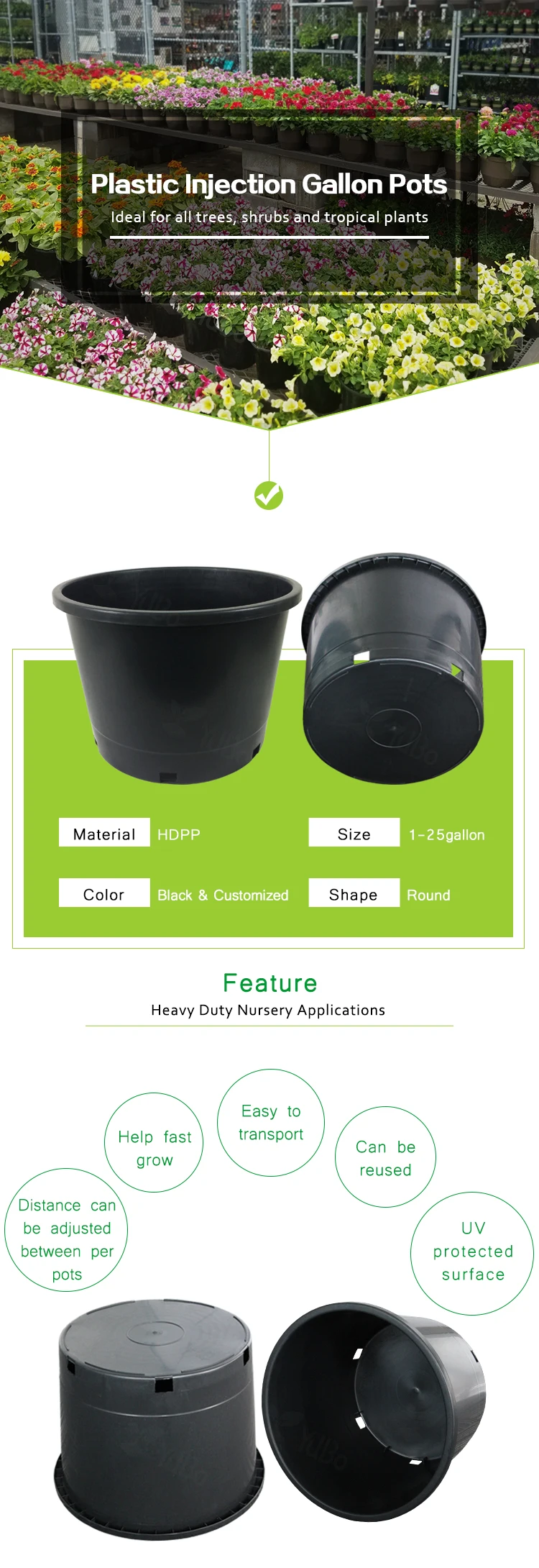 Wholesale Garden Plastic Flower Pot Black Plastic Nursery Pot 1 15 20 ...