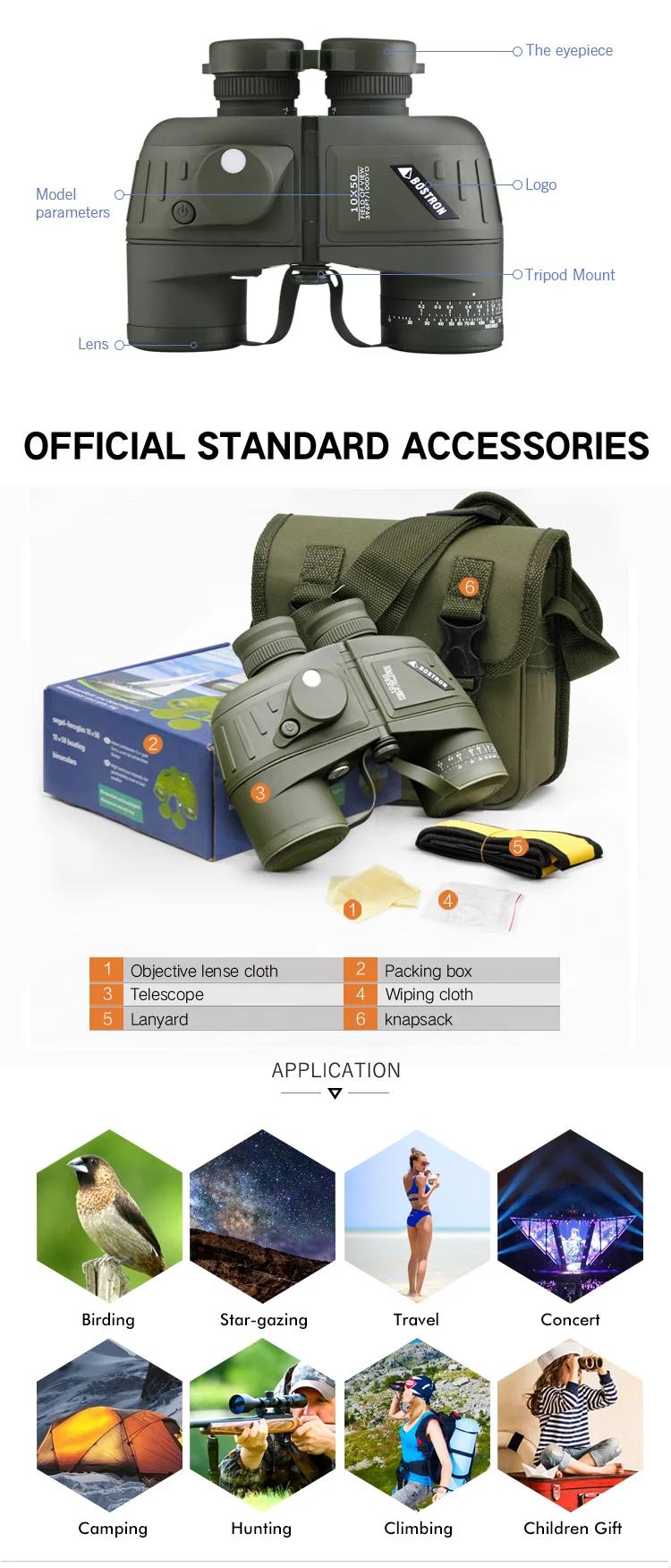 Professional Wide Angle Powerful Green Optical Coated Hunting Binoculars 10x50 Long Range ...