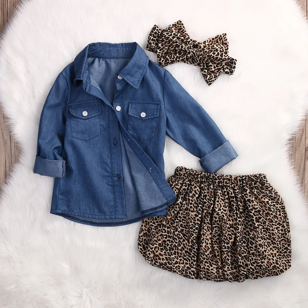 3pcs Set Cute Baby Girls Clothes Summer Toddler Kids Denim Tops+leopard ...