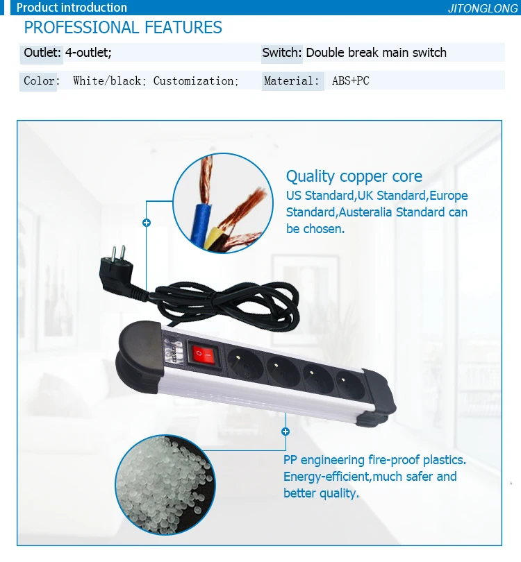 Ce European Power Strip 4 Way Extension Cord Multiple Socket With ...