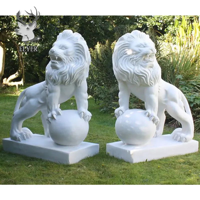 Outdoor Entrance Lion Statue Life Size Hand Carved Natural Marble Stone ...