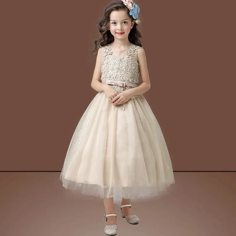 Creamy Long Dress Ankle Kids Party Wear Waist Bowknot Gown Evening ...