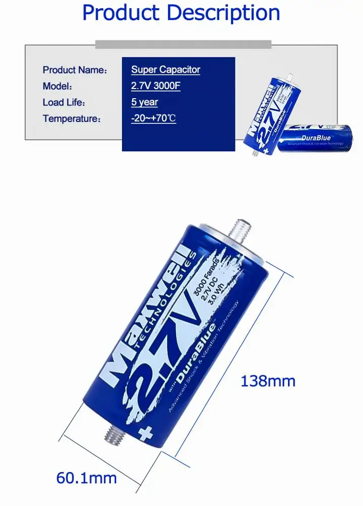 Maxwell 3000 Farad Hybrid Super Capacitor Battery 2.7V for Car Audio ...