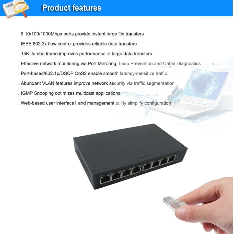 GXCOM Ethernet Switch - High Quality 8 Port Mini Desktop