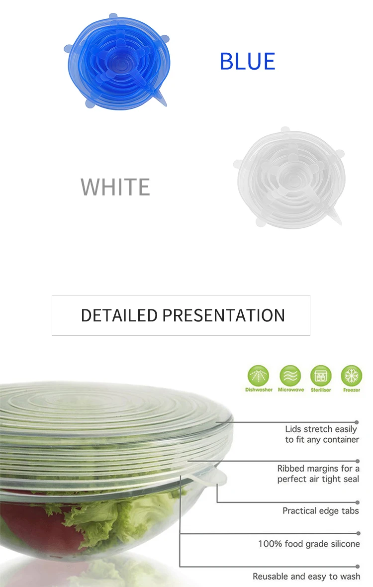 6-pack Reusable Suction Stretchable Seal Silicone Stretch Lids Set ...