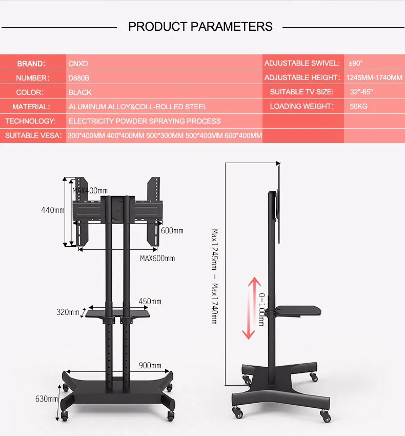 Ccnxd D880 Height Adjustable 90 Degree Swivel Moving Tv Stand Mount ...