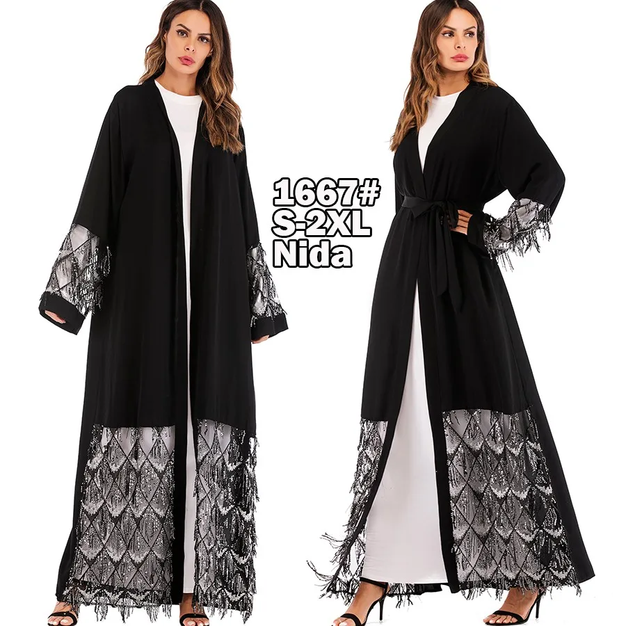 1637# Muslim White Floral Cuff Open Abaya Pearls Full Dresses Cardigan ...