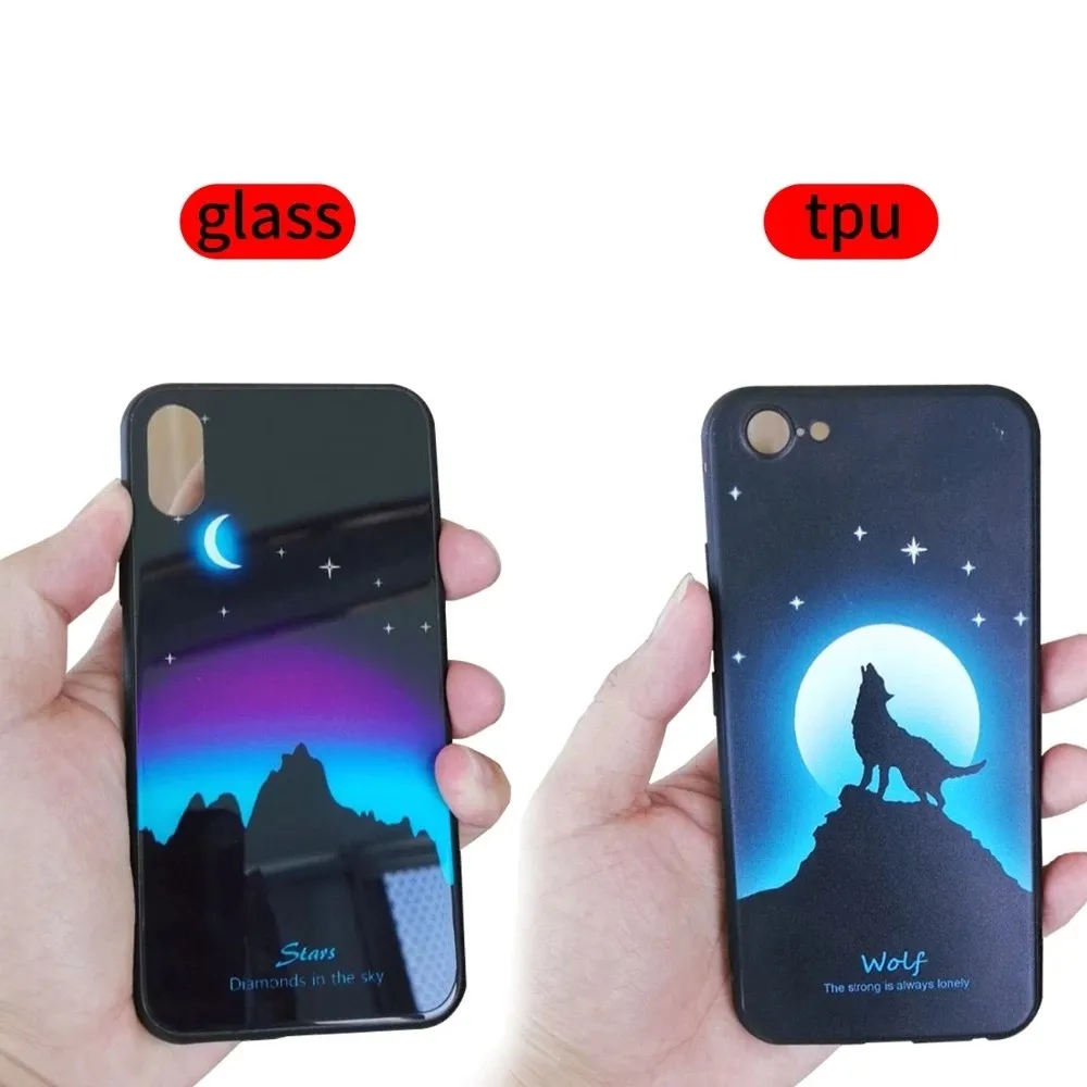 Luminous Night Light Tempered Glass Back Cover Soft Tpu Edge Glow In ...