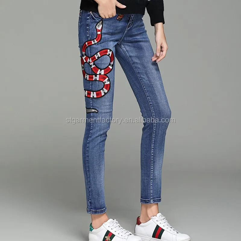 Latest Embroidery Snake Pattern Jeans Women Autumn Mid-waist Casual ...