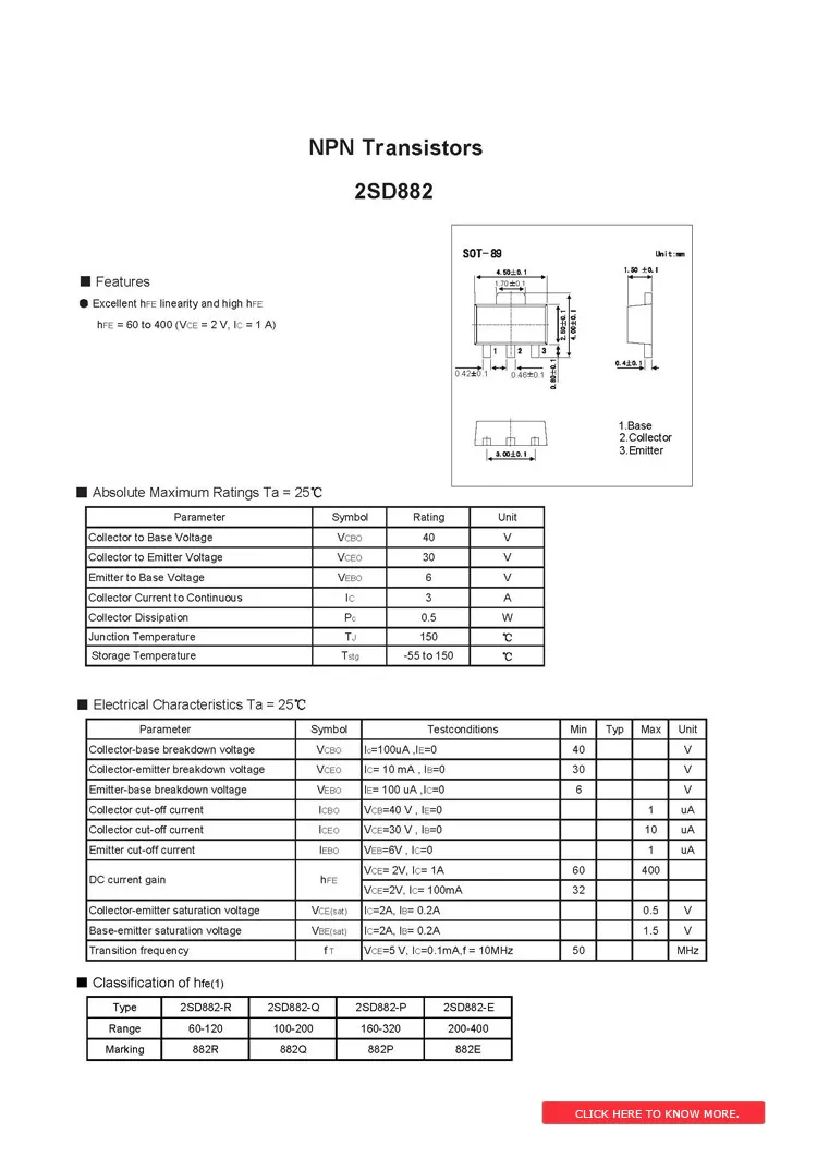 Hfzt Transistor Smd D882 Sot-89 Npn 500mw 3000ma 30v In Transistor ...