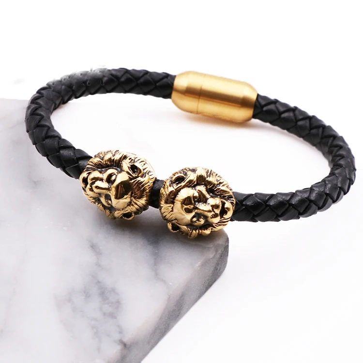Stainless Steel Double Gold Lion Head Black Braided Leather Mens ...