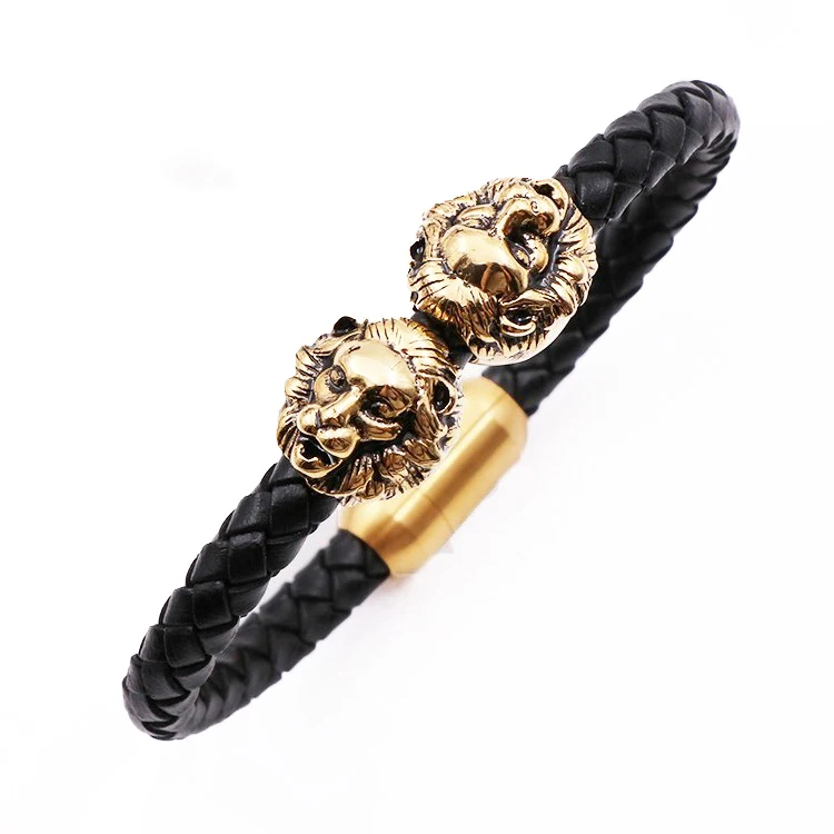 Stainless Steel Double Gold Lion Head Black Braided Leather Mens ...