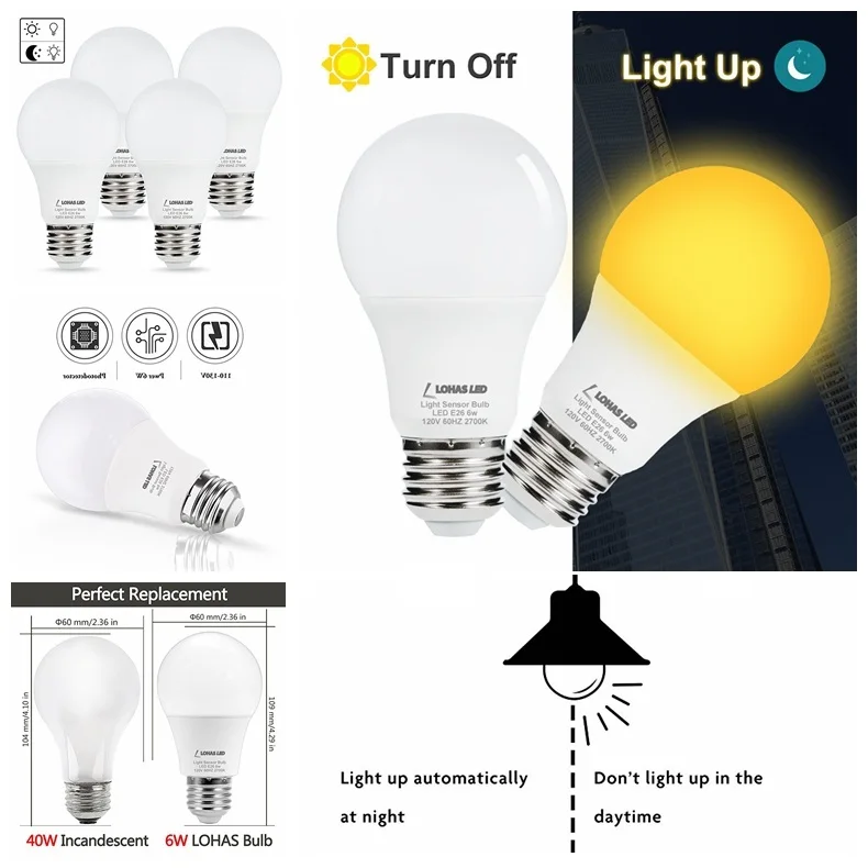 Led Dusk To Dawn Sensor 6w 12w A19 Led Light Sensor Bulb Warm White ...
