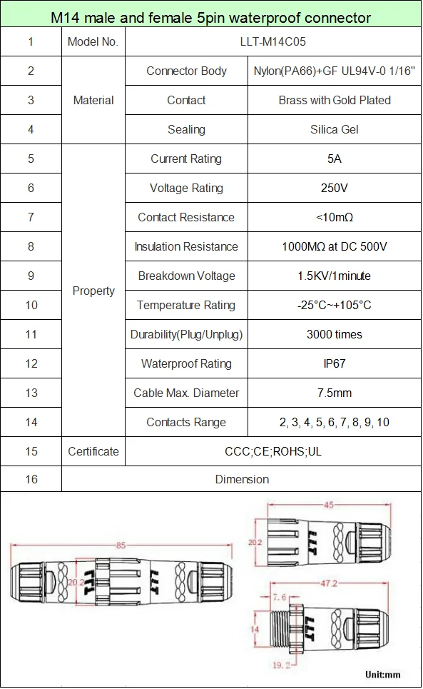 Llt M14 Male And Female Electrical Connector Waterproof Ip67 With 2 3 4 ...