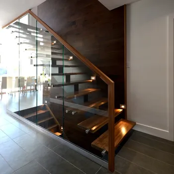 Villar Modern Design L Shape Ladder Glass Railing Solid Wood Step ...