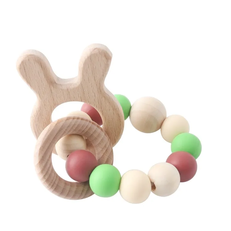 Chewable Silicone Beads Wooden Teether Ring Rattle Baby Newborn Gift ...