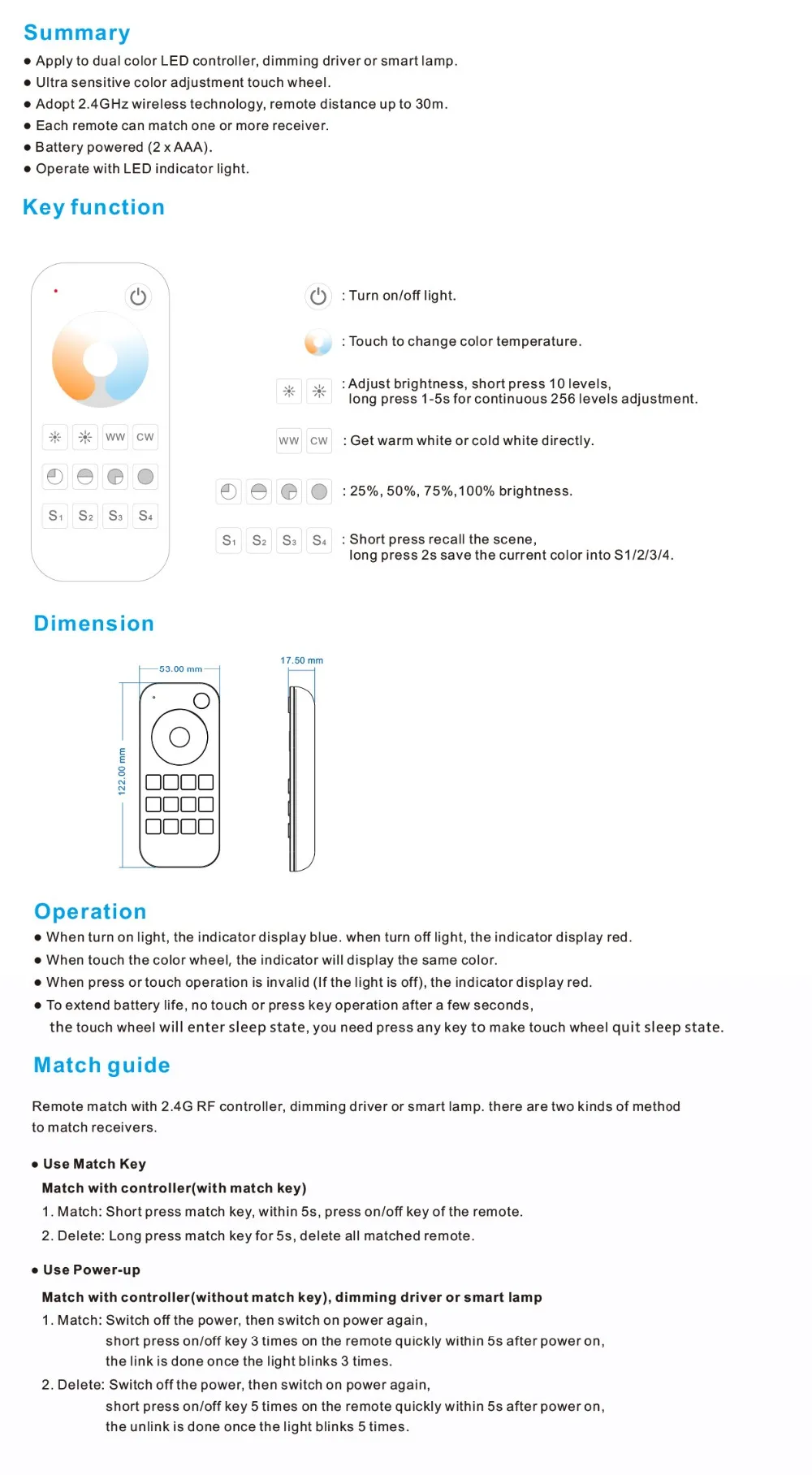 SKYDANCE RT2 CCT Wireless Rf2.4ghz Remote Control for LED Strips