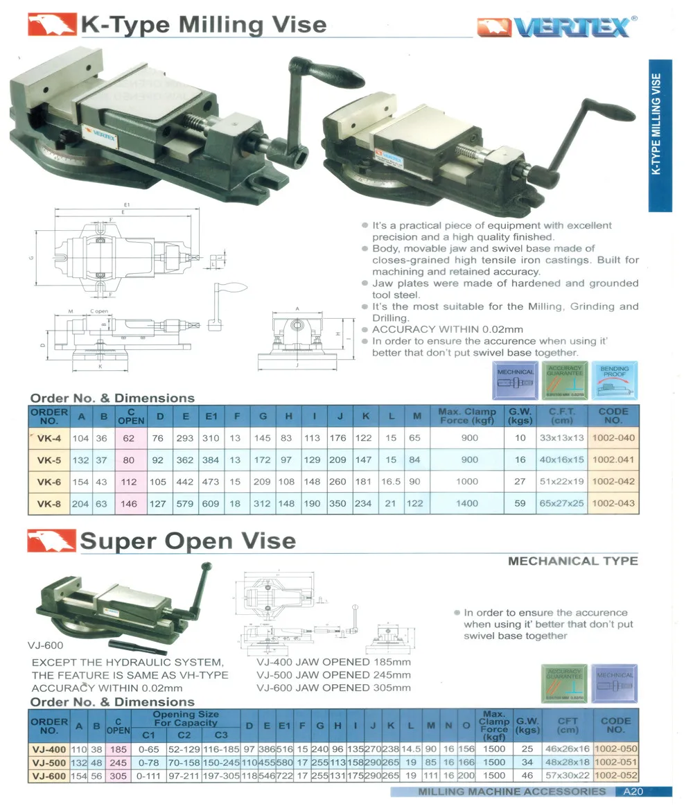 TaiWan VERTEX K Type Milling Vise VK-8 - 8 Inch Manual Angle Vise for ...
