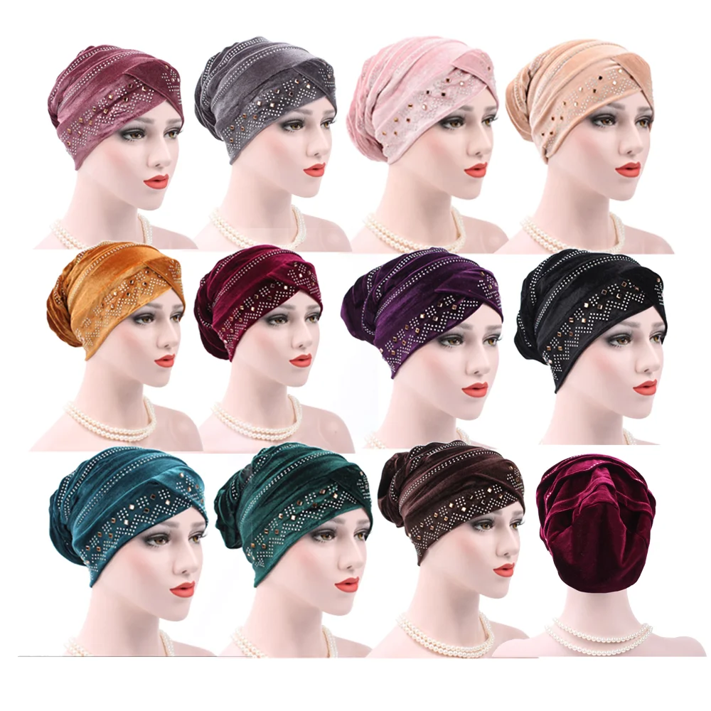 2017 Fashion Islamic Muslim Hair Turban Gold Velvet Hot Drilling In ...