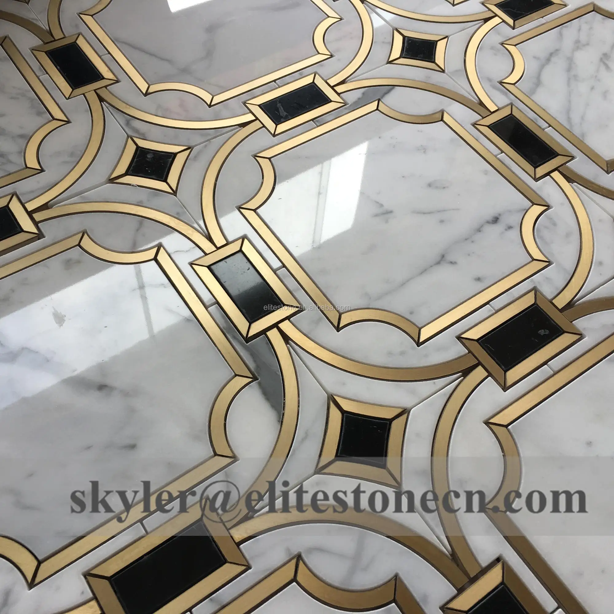 Custom Water Jet Cutting Brass Inlay Carrara White Marble Mosaic Tile