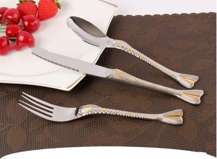Flatware Silver Gold Fish-shaped Cutlery Set 3 Piece Stainless Steel ...