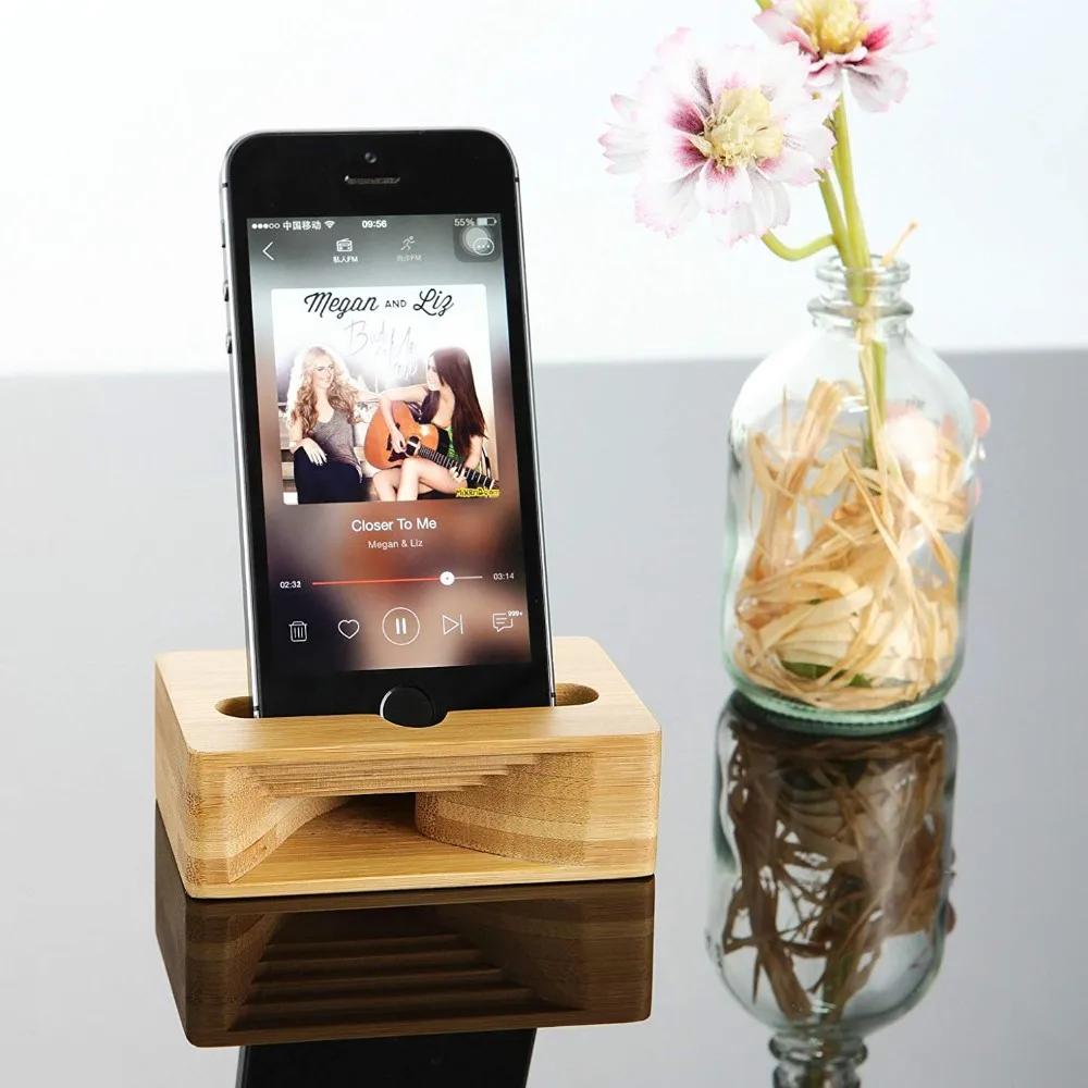 Bamboo Desktop Cell Phone Stand Holder With Sound Amplifier Within 5.5 ...