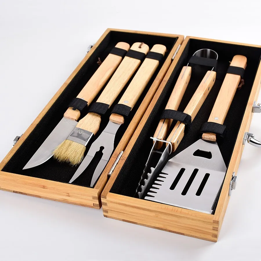 Barbecue Gadget Wooden Handle Bbq Tools Set 5 Pcs Grill Fork Knife ...