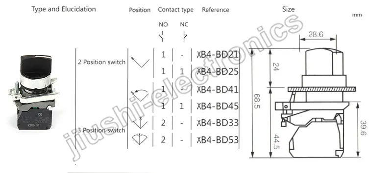 Xb4-bd33 3 Way Selector Switch Rotary Three Position 2no - Buy Rotary ...