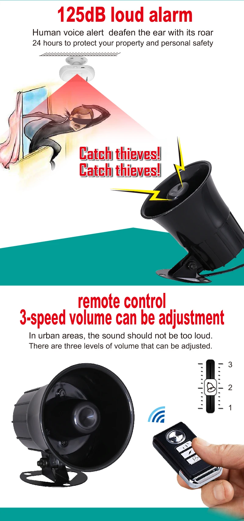 Universal Remote Control Burglar Alarm 130 Db Super Loud Security Alarm ...