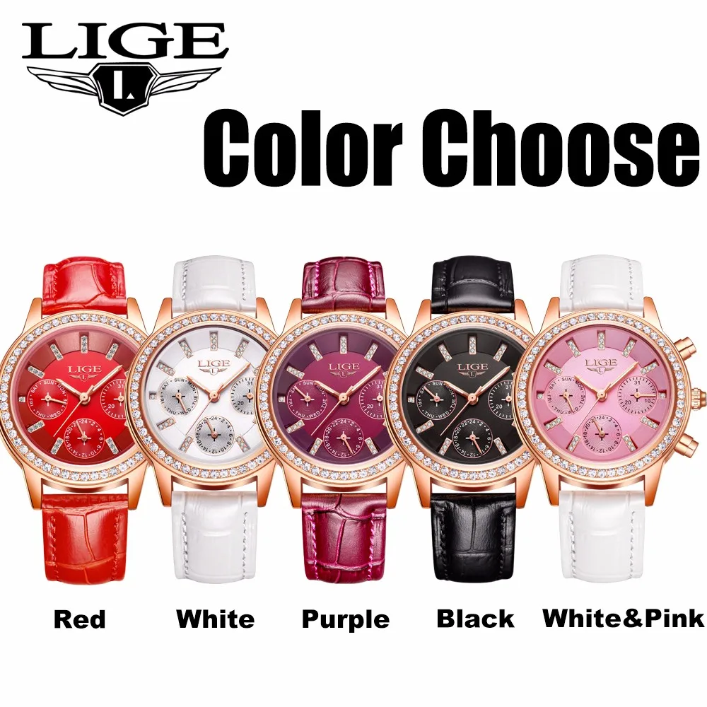 LIGE Women Red Leather Luxury Watch - Waterproof & Stylish