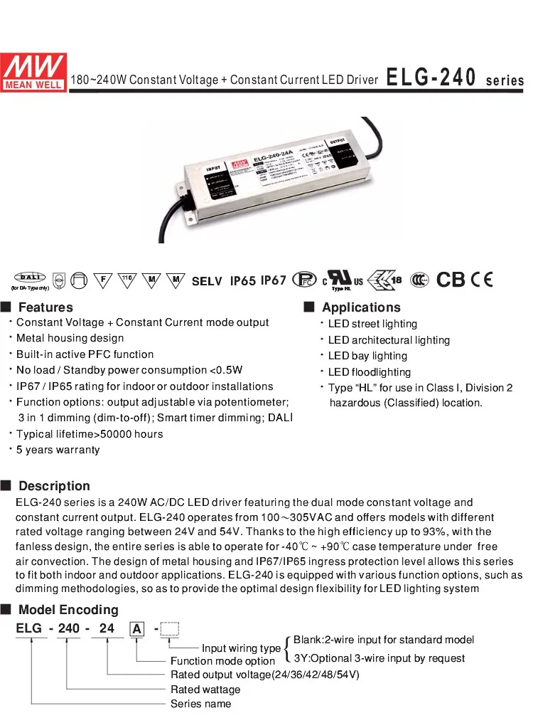 Mean Well Elg-240-24b-3y 240w 24v 0-10v Dimming Led Driver - Buy 0-10v Dimming Led Driver,240w ...