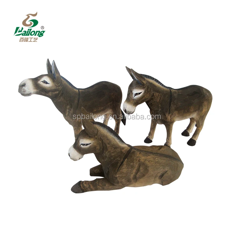Handmade Carved Set of 3 Wooden Donkey Figurines