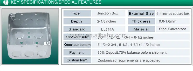 4x4 Square Knockout Galvanized Steel Electrical 1" Deep Junction Box ...