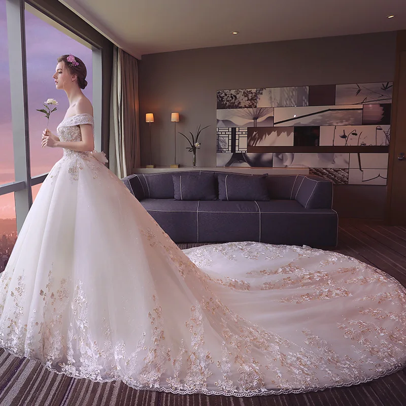 Long Tail Customized Wedding Dress With Lace Applique & Beading - US12 ...