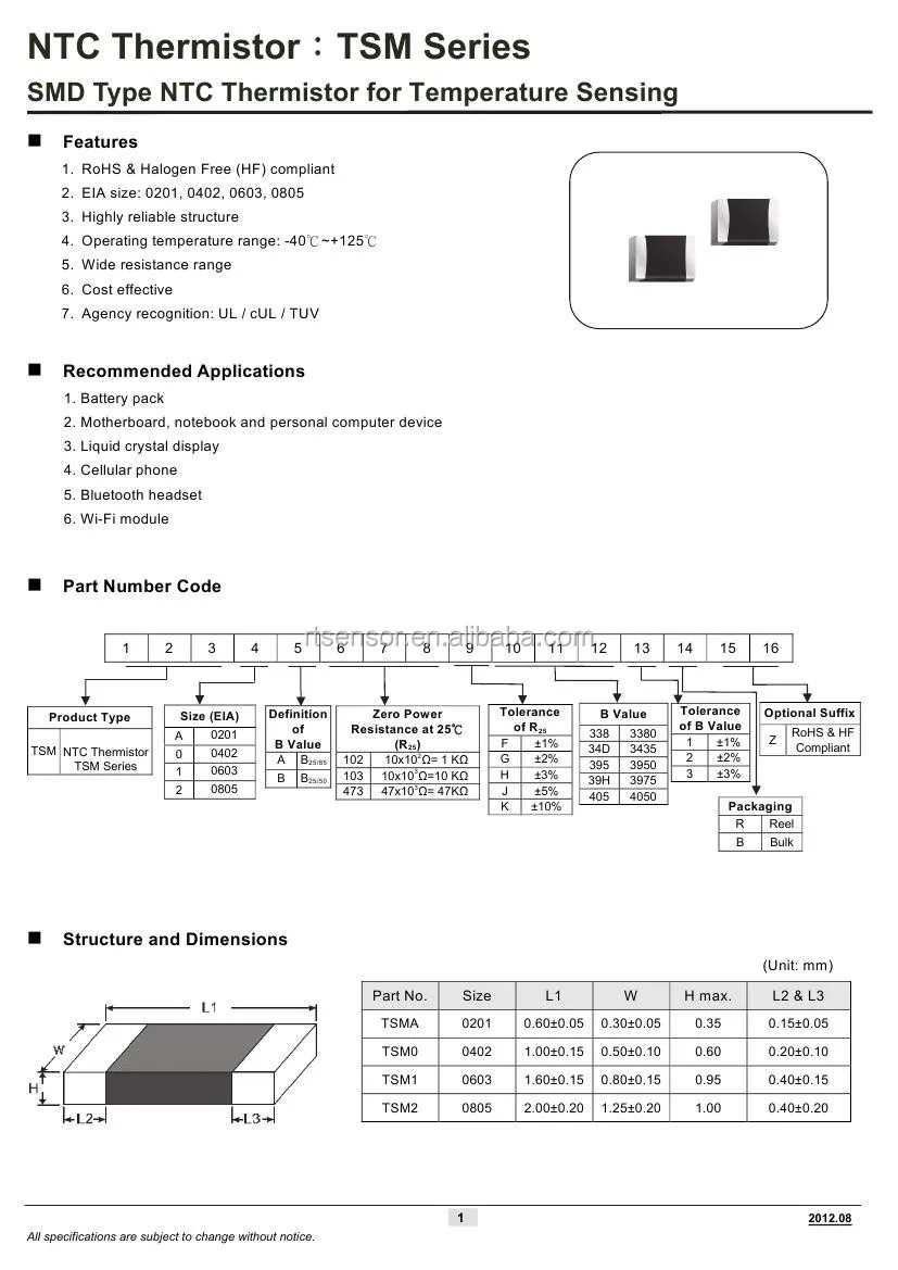 Tsm Series Smd Ntc Thermistor 10d-11 30k Ohm 16p 0201 0402 0603 0805 ...