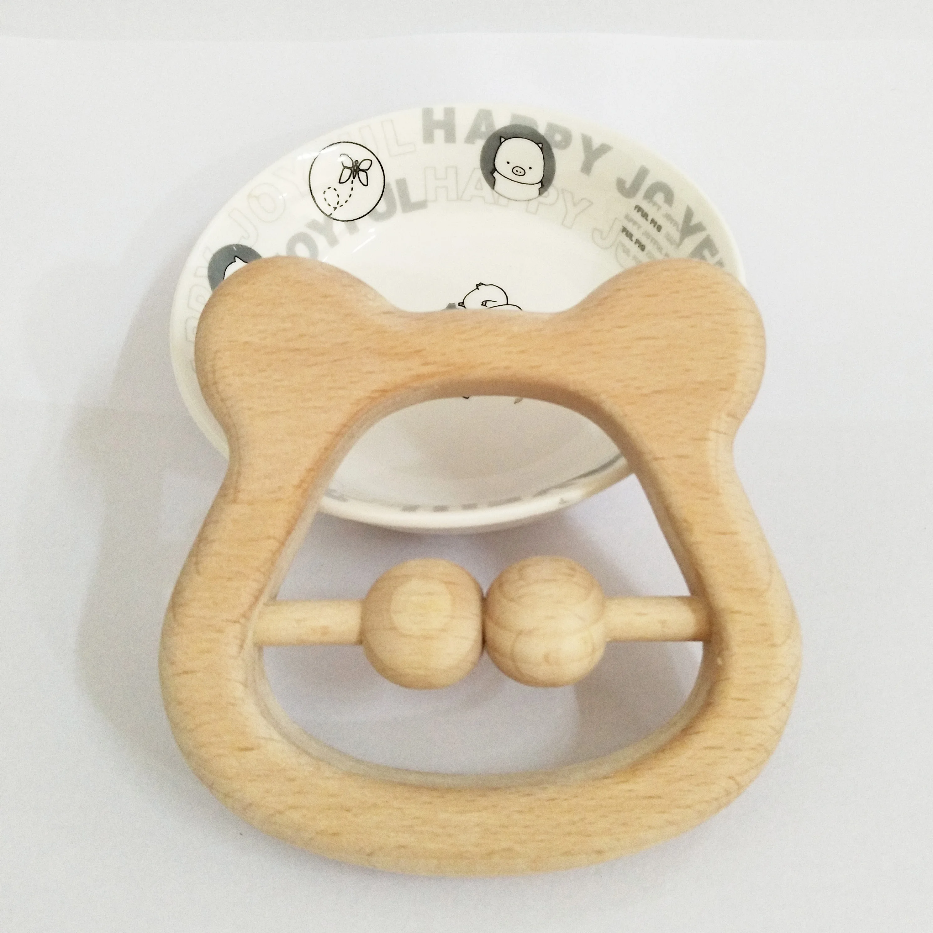 Baby Shaking Rattle - Wood Bear Shape with 2 Beads