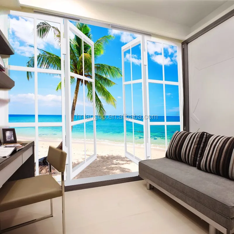 City Mural Wallpaper Seamless Window Views Sea Blue Sky Grass Wallpaper ...