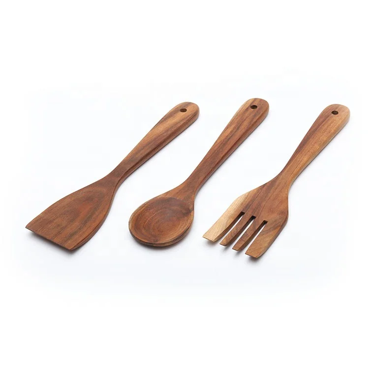 Factory Price Natural Acacia Wood Cooking Tools Food Turner Spoon Fork ...