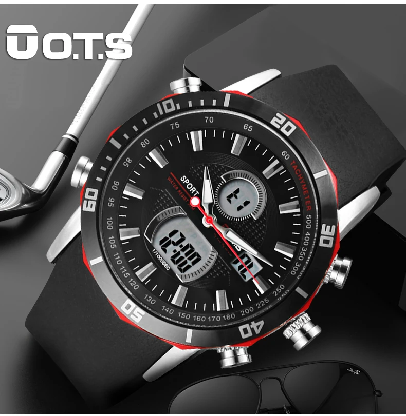 Ots 8168 Men Quartz Digital Watch Black Rubber Led Digital Dual Display ...