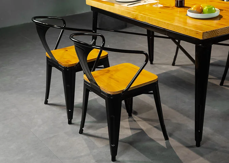 Modern Restaurant Cafeteria Gold Metal Tables And Chairs With Wooden ...