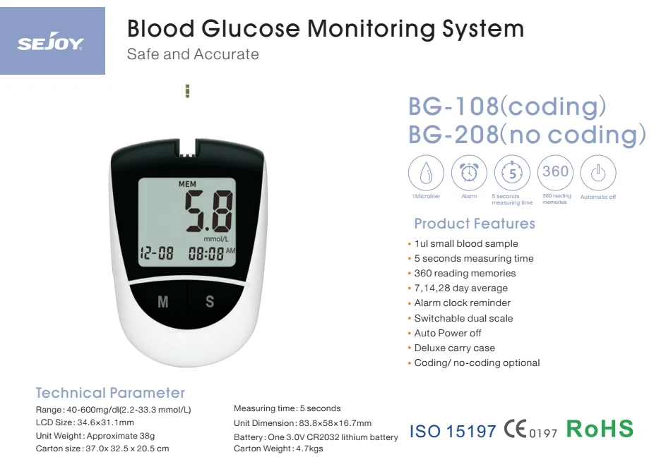 Sejoy Ce Diabetic Test Strips Blood Glucose Meter Monitor Device System ...