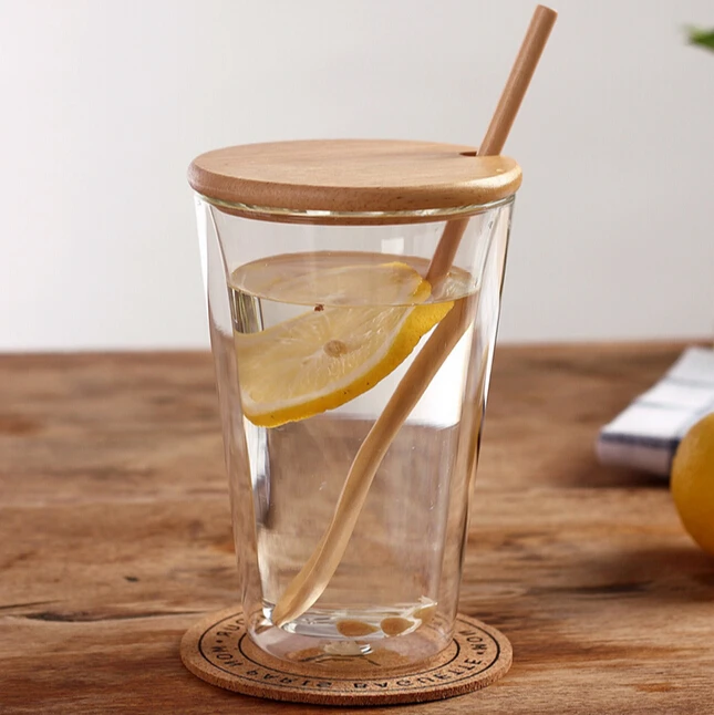 High Quality Double Wall Glass Cup With Bamboo Lid And Spoon ...